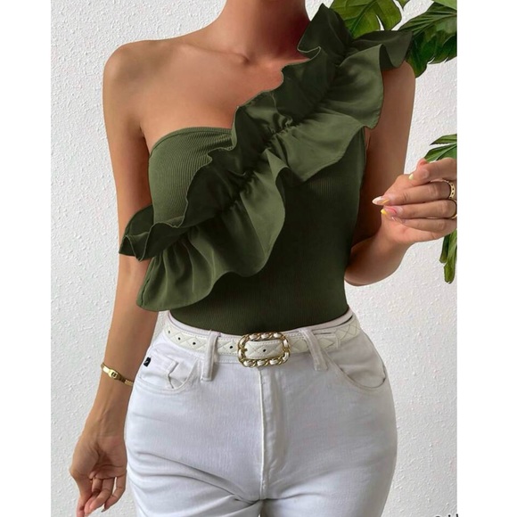 Tops | Olive Green One Shoulder Ruffle Trim Bodysuit | Poshmark
